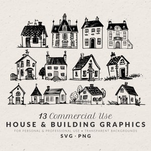 Hand Drawn House and Building Illustration Bundle SVG PNG, Vintage ...