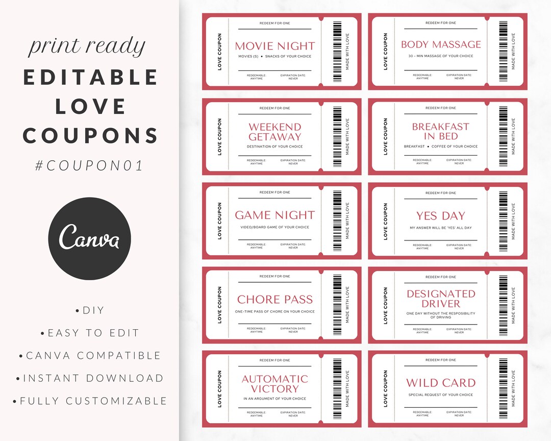 Editable Coupon Book Canva Template, Romantic Coupons for Valentines ...
