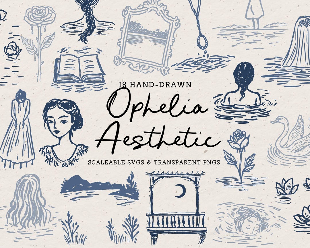 Ophelia Aesthetic Clipart, Hand Drawn Shakespeare Doodle Bundle, SVG ...