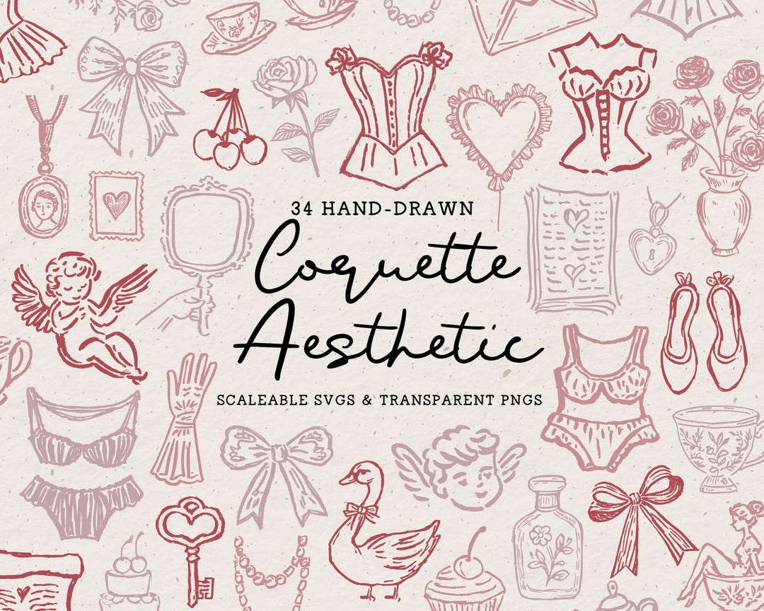 Coquette Aesthetic Clipart, Hand Drawn Doodle Illustration Bundle ...