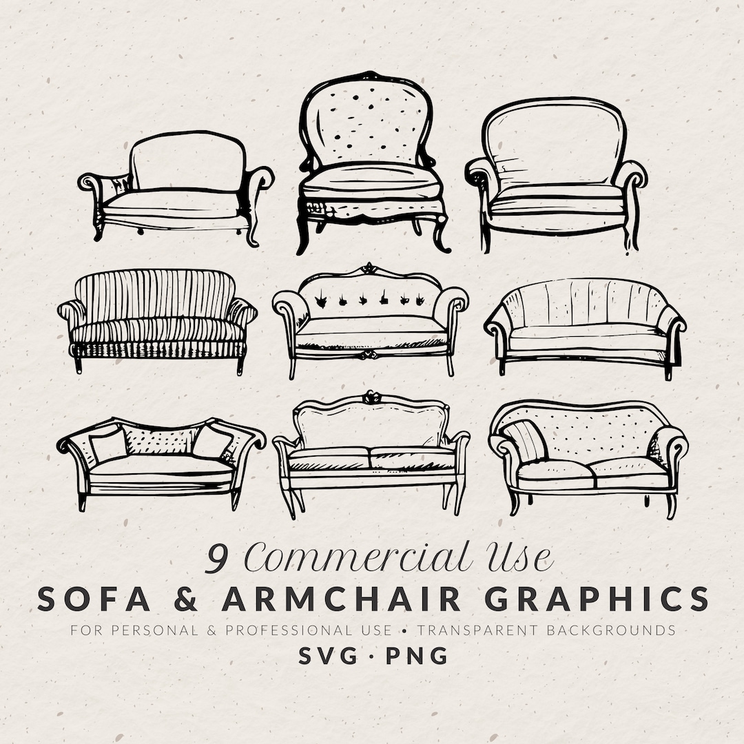 Hand Drawn Sofa Couch Illustration Bundle SVG PNG, Vintage Furniture ...