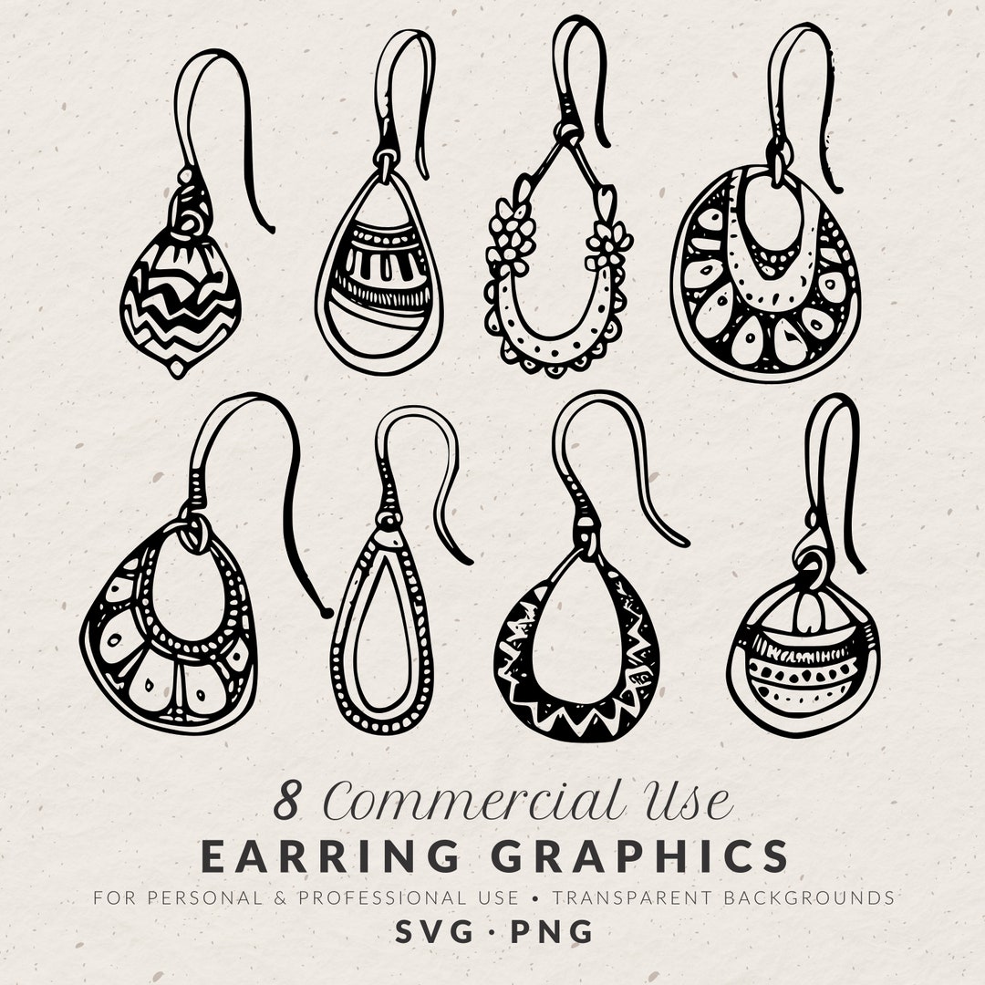 Hand Drawn Earrings Illustration Bundle SVG PNG, Vintage Style Jewelry ...