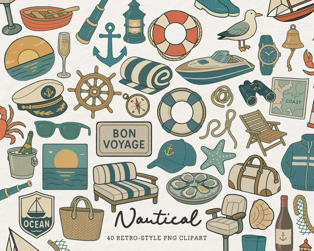 Nautical Retro Clipart Bundle, Coastal Summer Clip Art for Party ...