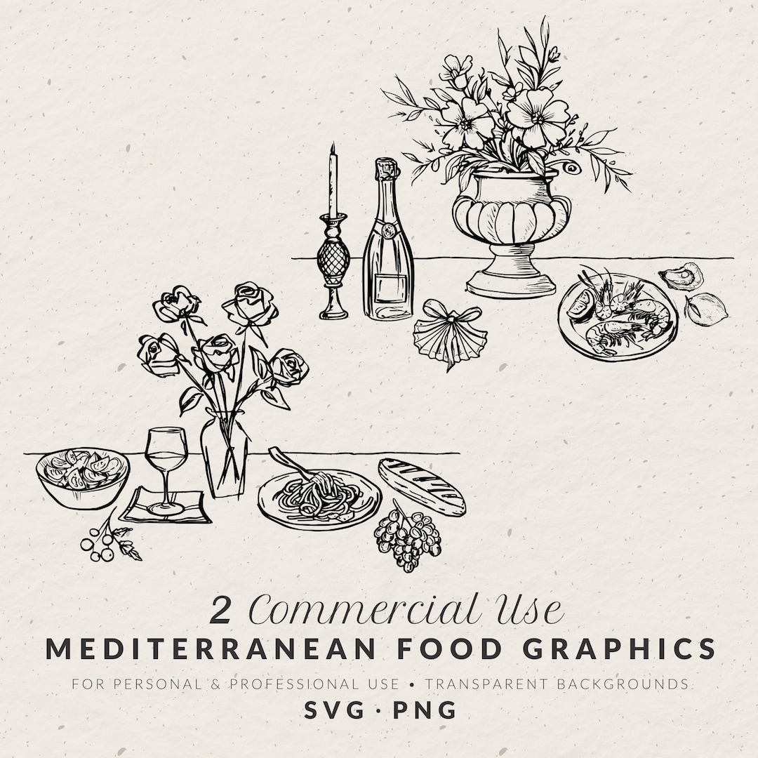 Hand Drawn Mediterranean Food Illustrations SVG PNG, Greek Italian ...