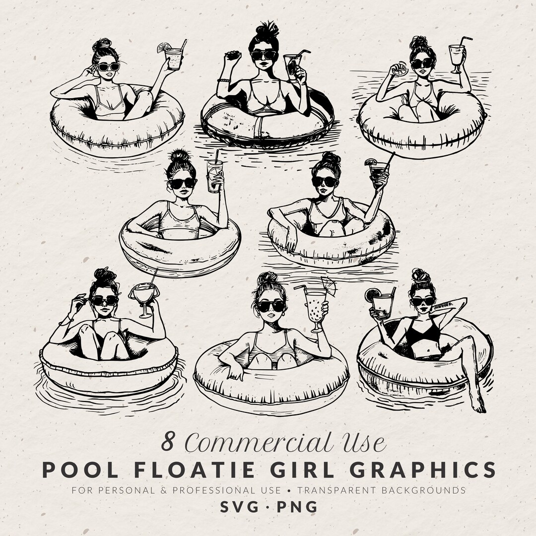 Hand Drawn Girl in Pool Floatie Illustration SVG PNG, Woman Swimming ...