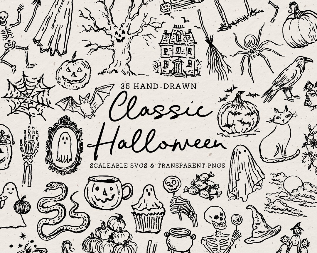 Hand Drawn Classic Halloween Illustrations, Whimsical Nostalgic Doodle ...