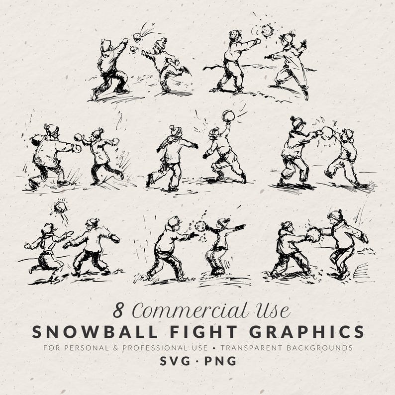 Hand Drawn Vintage Snowball Fight Illustration SVG PNG, Christmas ...