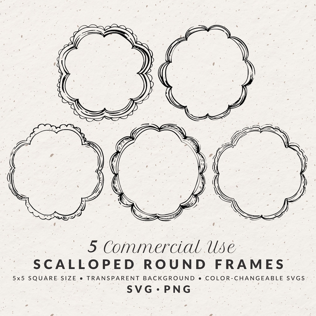 Hand Drawn Scalloped Round Border Illustration Bundle SVG PNG, Size 5x5 ...