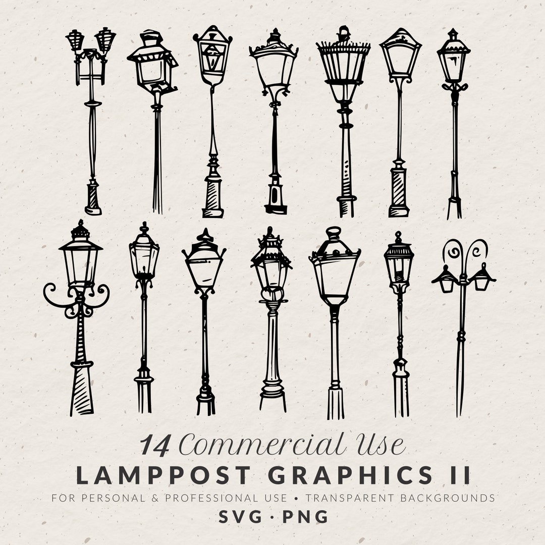 Hand Drawn Lamppost Illustration Bundle SVG PNG, Vintage Lamp Post ...