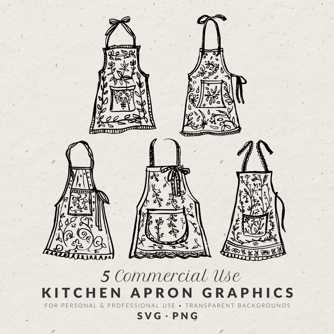 Hand Drawn Kitchen Apron Illustration Bundle SVG PNG, Whimsical Line ...