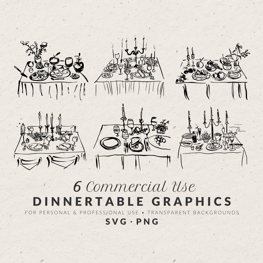 Hand Drawn Square Dinner Table Illustration Bundle SVG PNG, Vintage ...