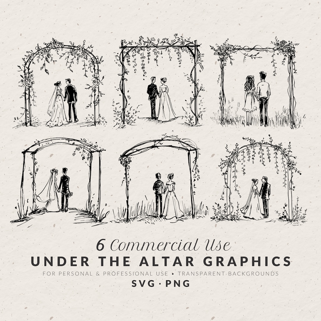 Hand Drawn Wedding Altar Couple Illustration Bundle SVG PNG, Vintage ...