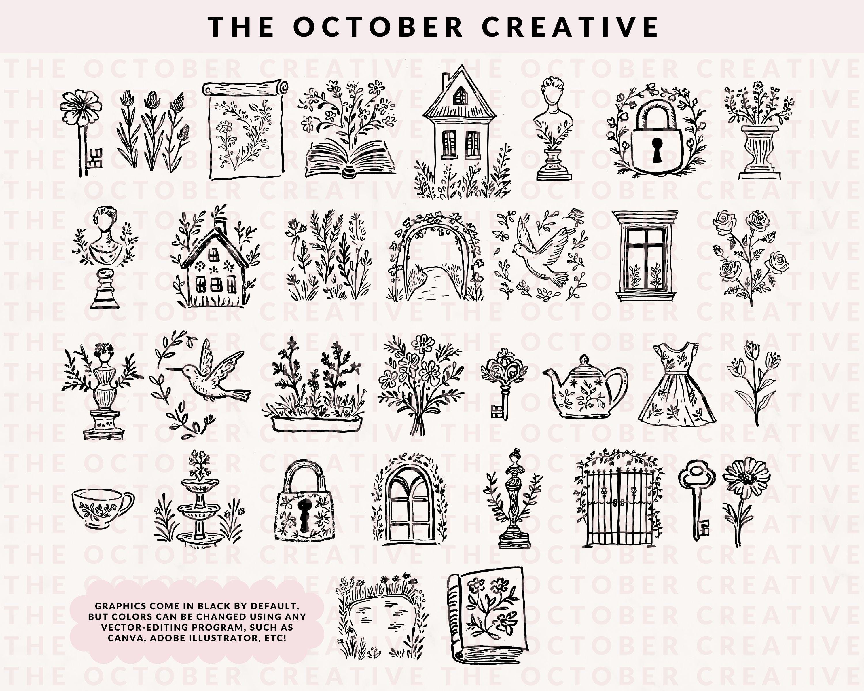 Secret Garden Clipart, Hand-drawn Floral Icons, Botanical Sketch ...