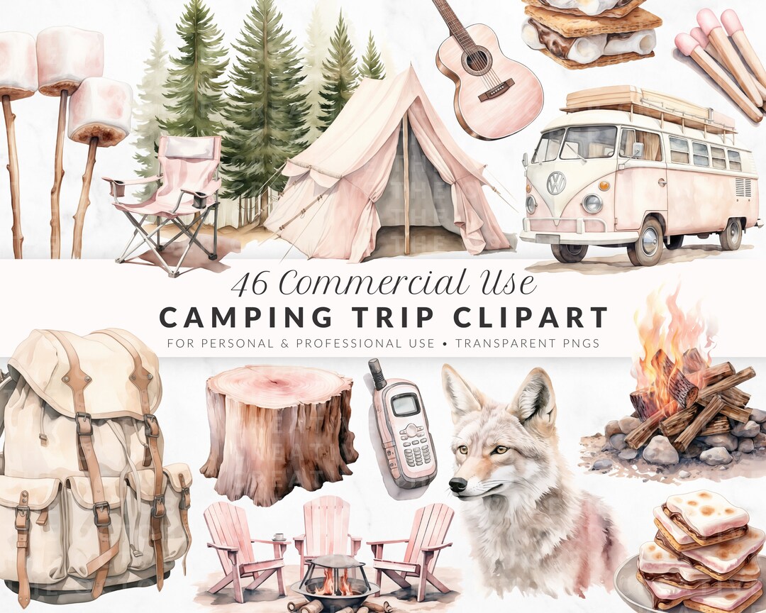 Watercolor Camping Trip Clip Art PNG, Camp Supplies Clip Art, Summer ...