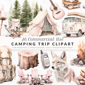 Watercolor Camping Trip Clip Art PNG, Camp Supplies Clip Art, Summer ...
