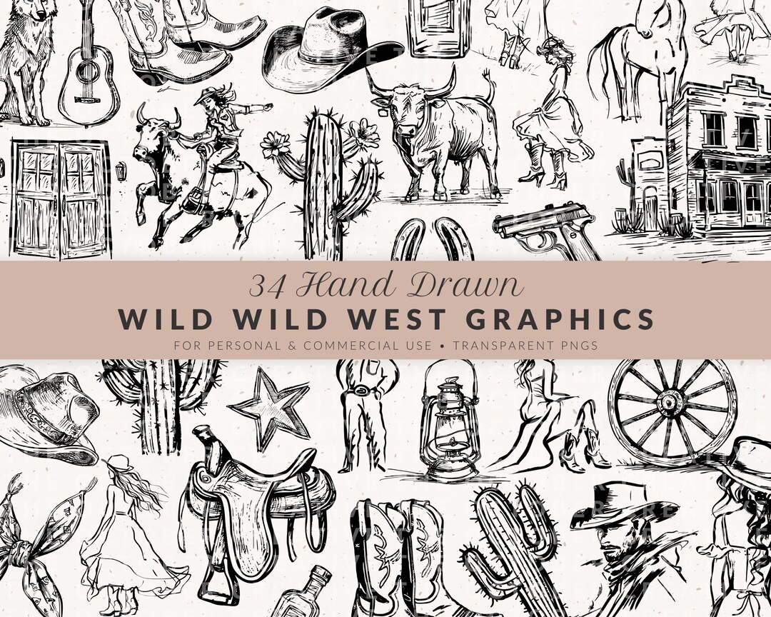 Hand Drawn Wild West Illustration Bundle SVG PNG, Cowgirl Clip Art ...