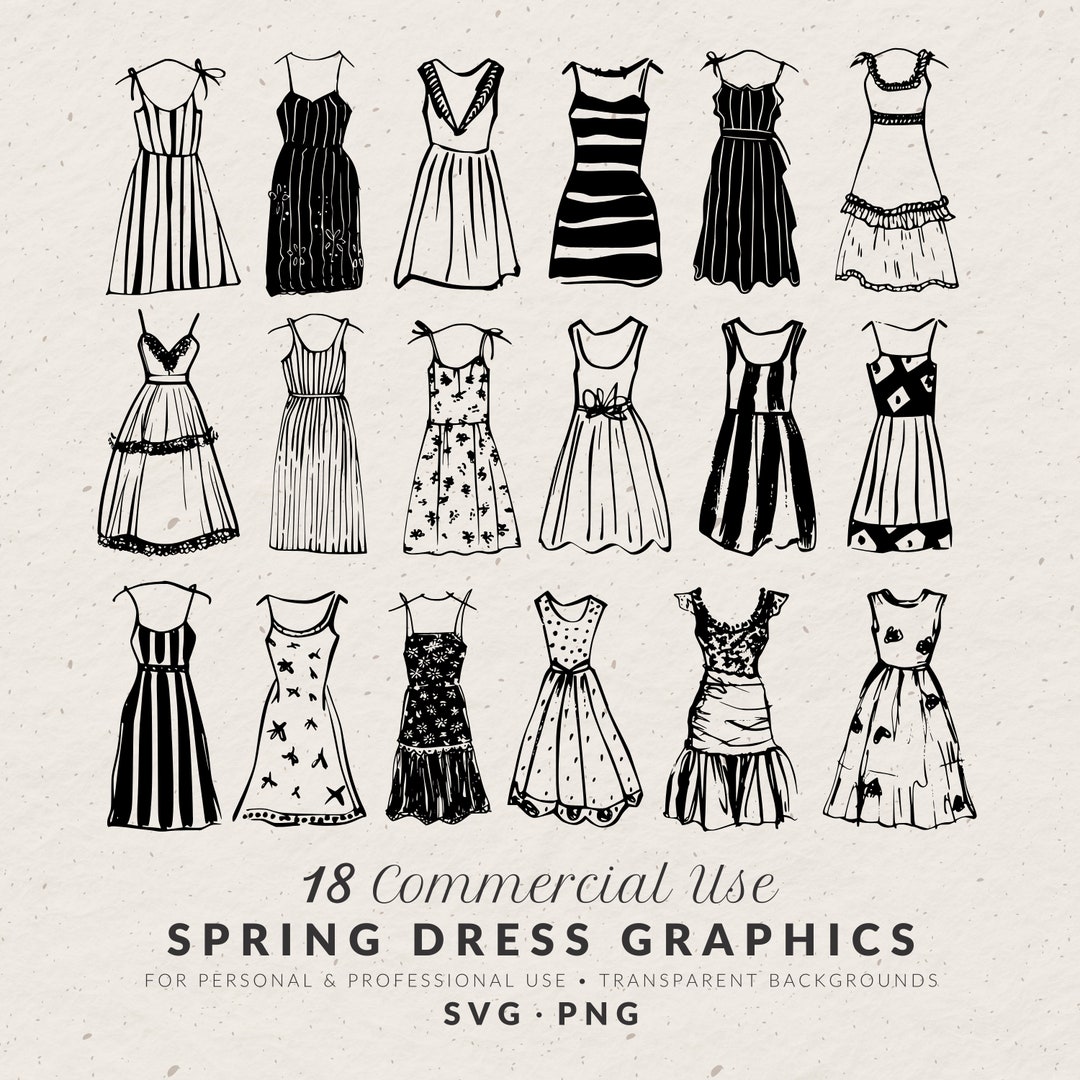 Hand Drawn Spring Dress Illustration Bundle SVG PNG, Vintage Fashion ...