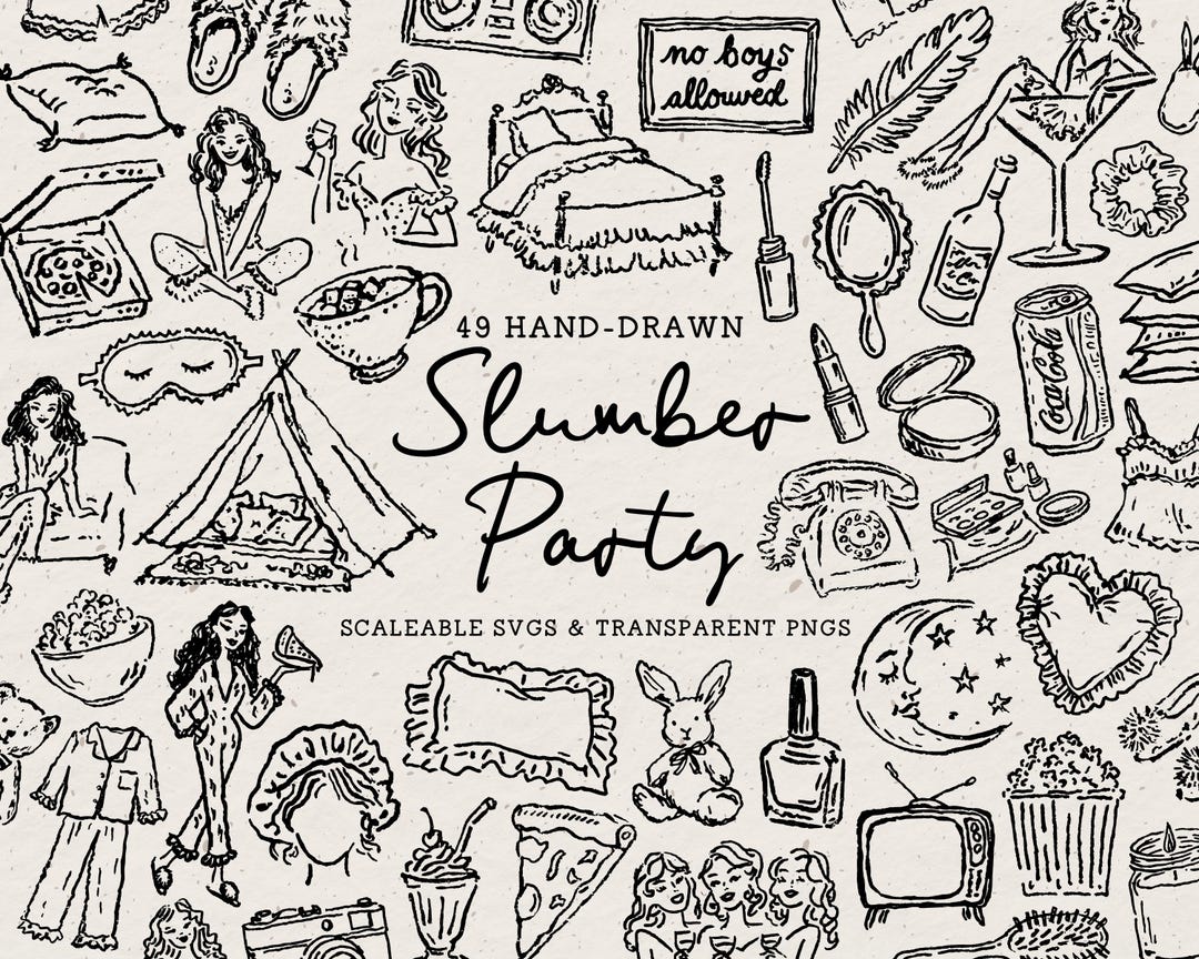 Slumber Party Clipart Set, Hand Drawn Vintage Sleepover Doodle Icons ...