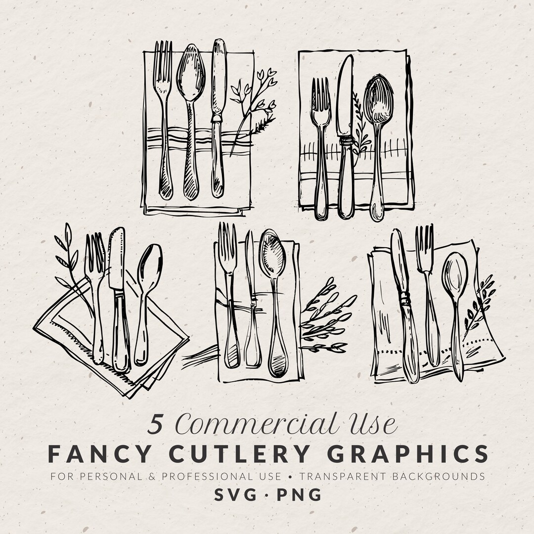 Hand Drawn Fancy Silverware Illustration Bundle SVG PNG, Vintage Knife ...