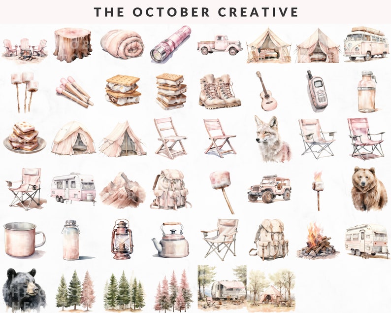 Watercolor Camping Trip Clip Art PNG, Camp Supplies Clip Art, Summer ...