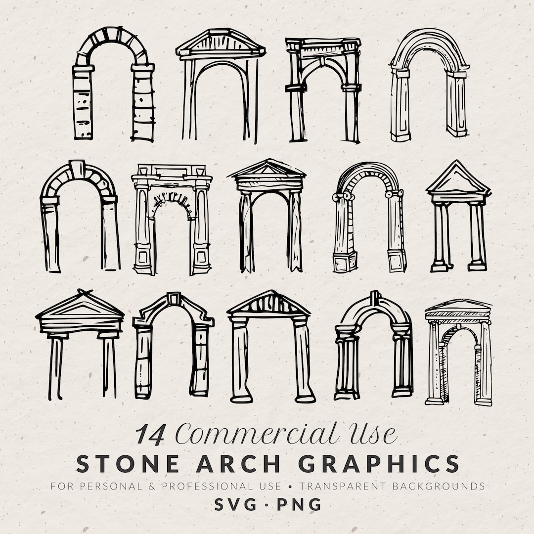 Hand Drawn Stone Arch Illustration Bundle SVG PNG, Vintage Retro Greece ...