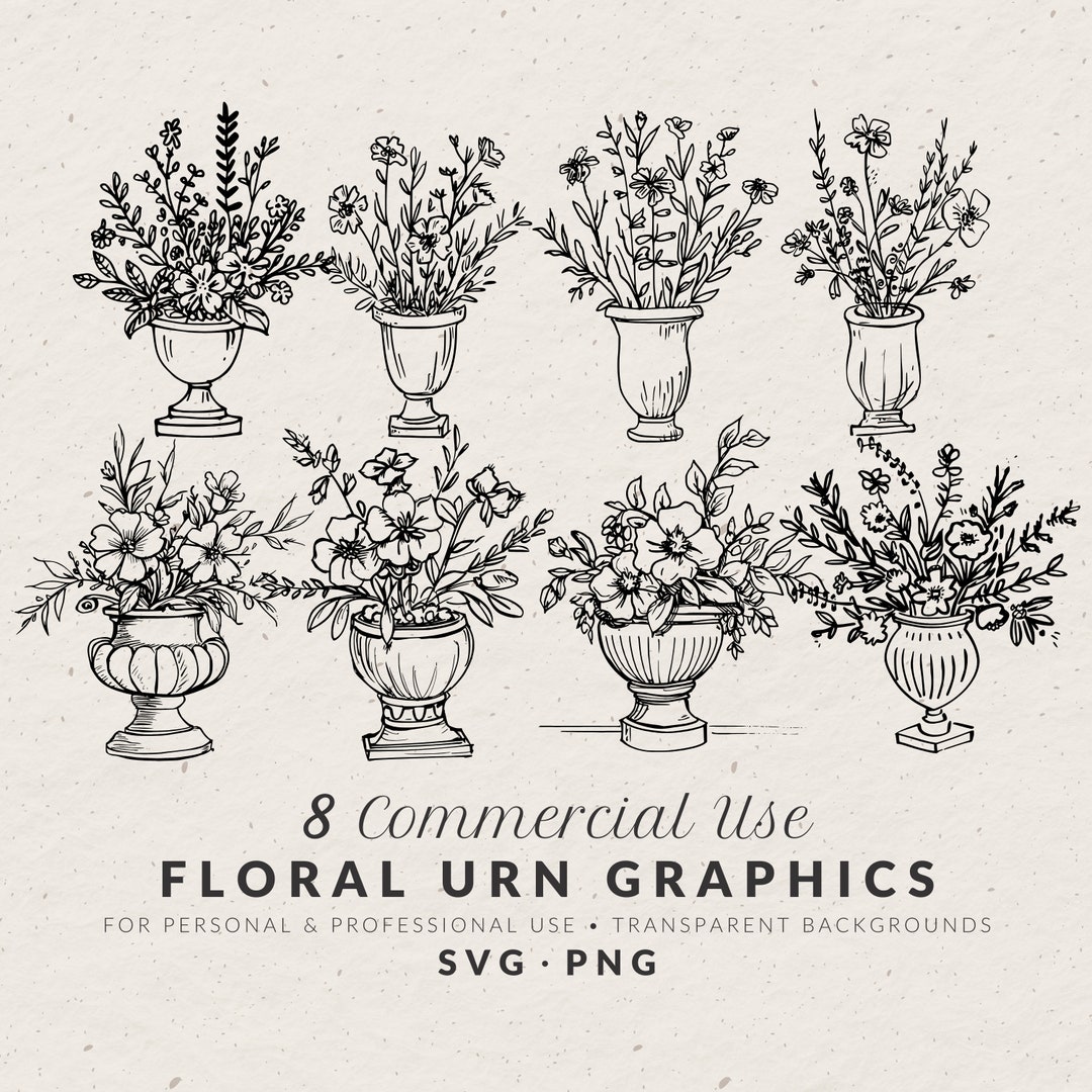Hand Drawn Flower Urn Illustration Bundle, SVG, Vintage Floral Vase ...