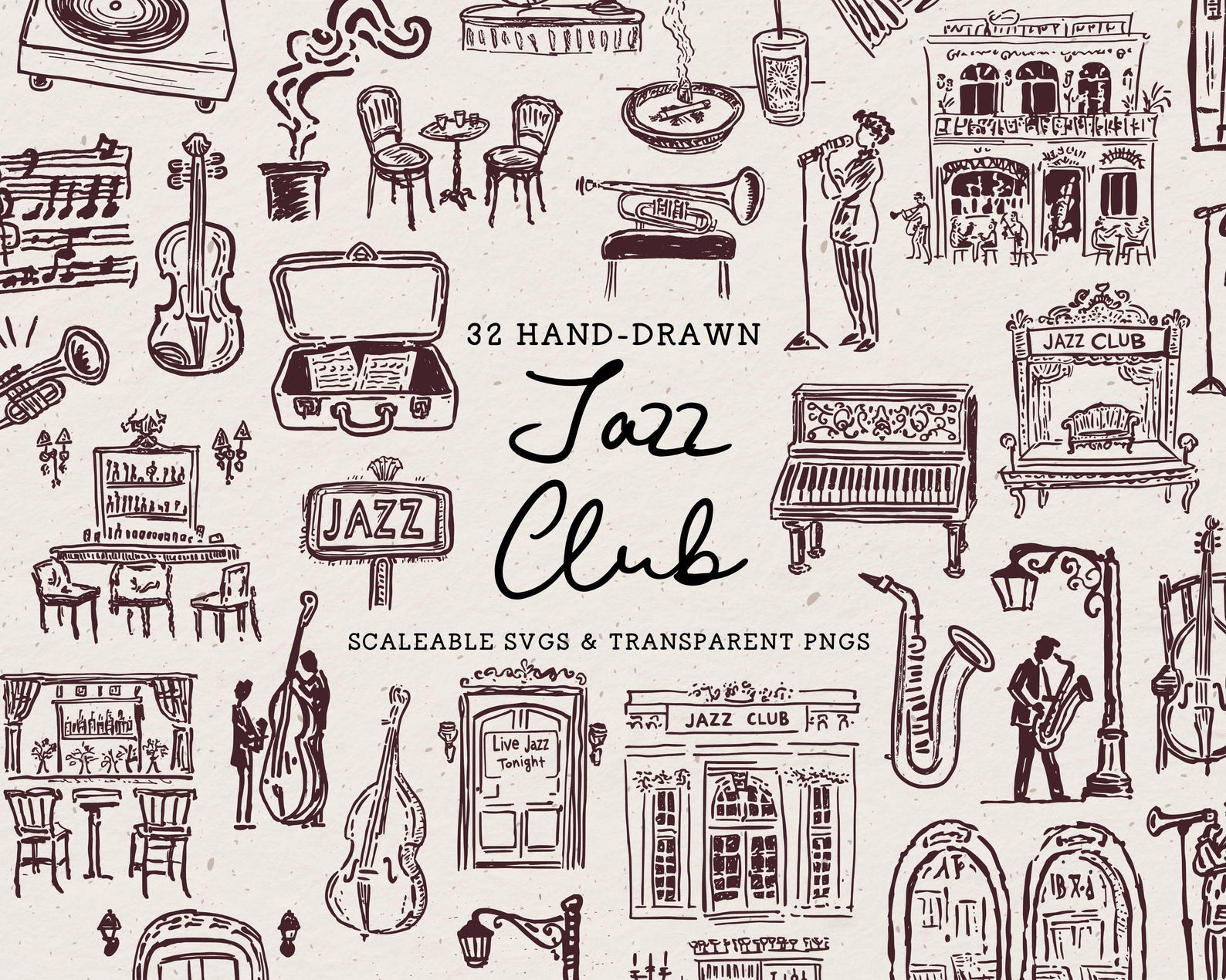 Speakeasy Jazz Clipart Set, Illustrated Swing Era Sketch Doodle Bundle ...