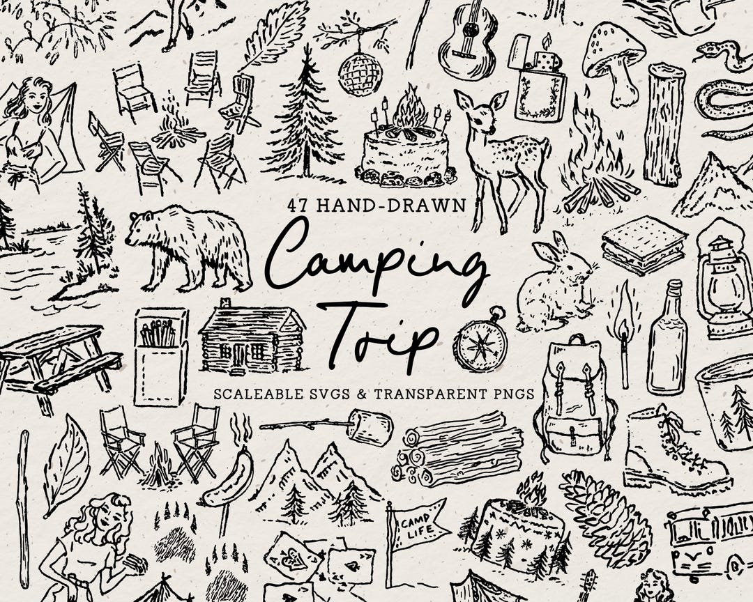 Summer Camping Trip Clipart Bundle, Hand Drawn Outdoors Doodle, Rustic ...