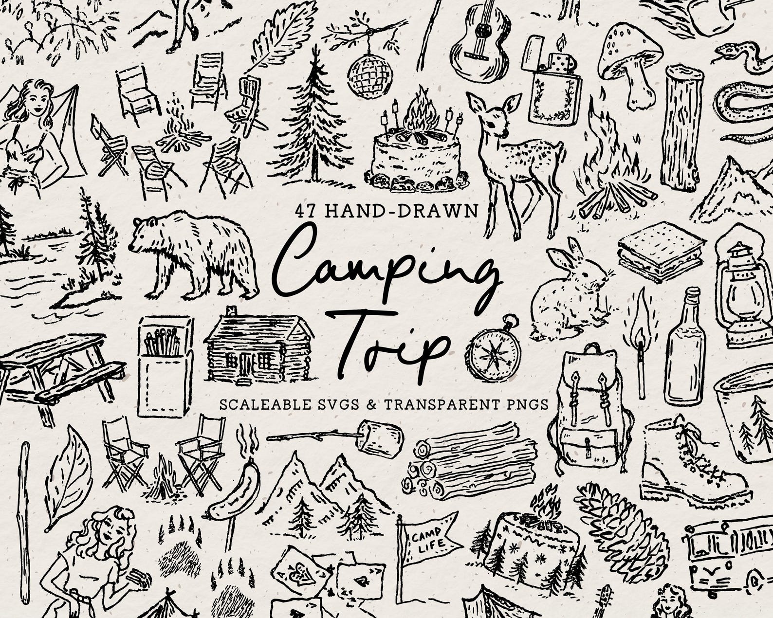 Summer Camping Trip Clipart Bundle, Hand Drawn Outdoors Doodle, Rustic ...