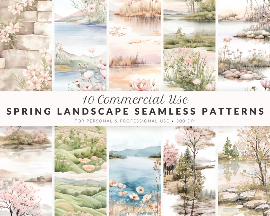 Watercolor Spring Landscape Seamless Patterns, PNG, Seamless Pattern ...