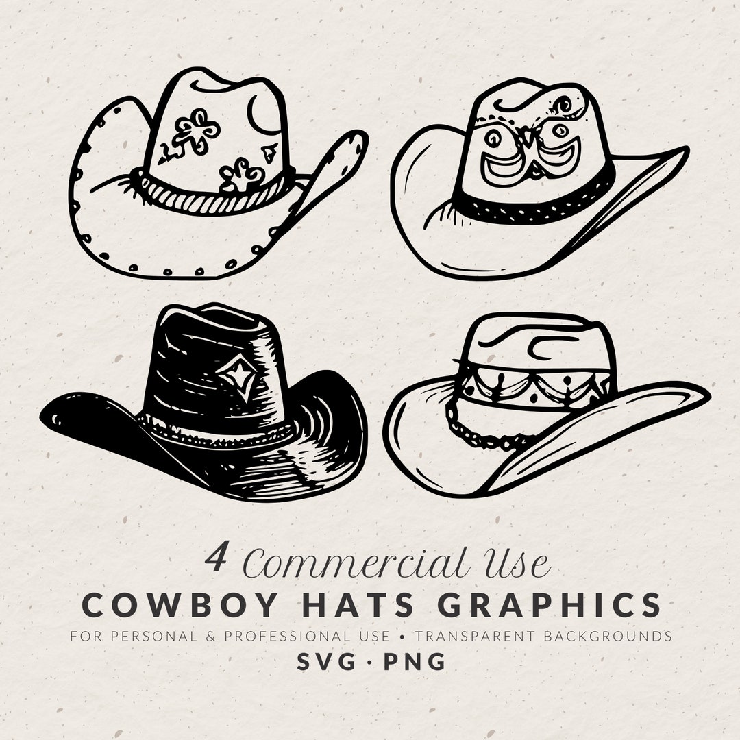 Hand Drawn Cowboy Hats Illustration Bundle SVG PNG, Vintage Rodeo ...