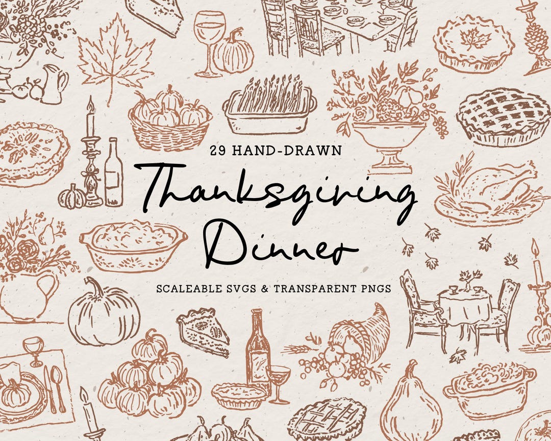 Friendsgiving Clipart Set, Thanksgiving Dinner Food Illustrations ...