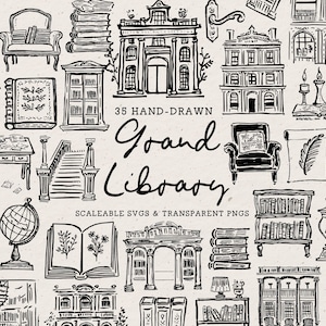 Old Library Clipart, Hand Drawn Doodle Illustration Bundle, Whimsical ...