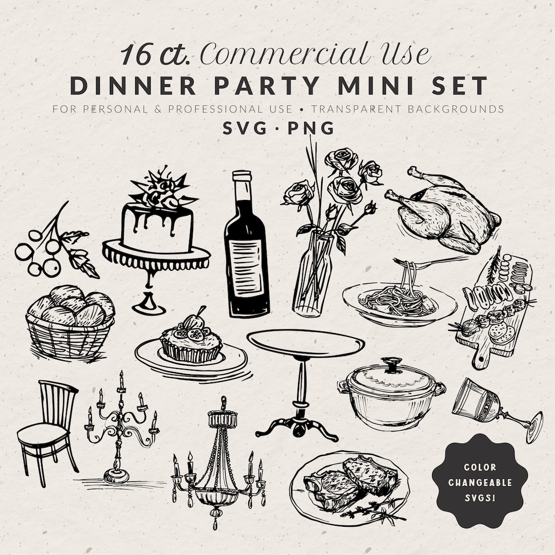 Hand Drawn Dinner Party Illustration Set SVG PNG, Rehearsal Reception ...