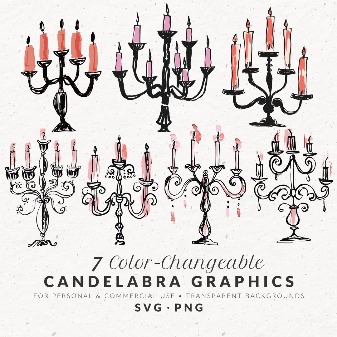 Hand Drawn Candelabra Illustration SVG PNG, Color Wedding Icons ...