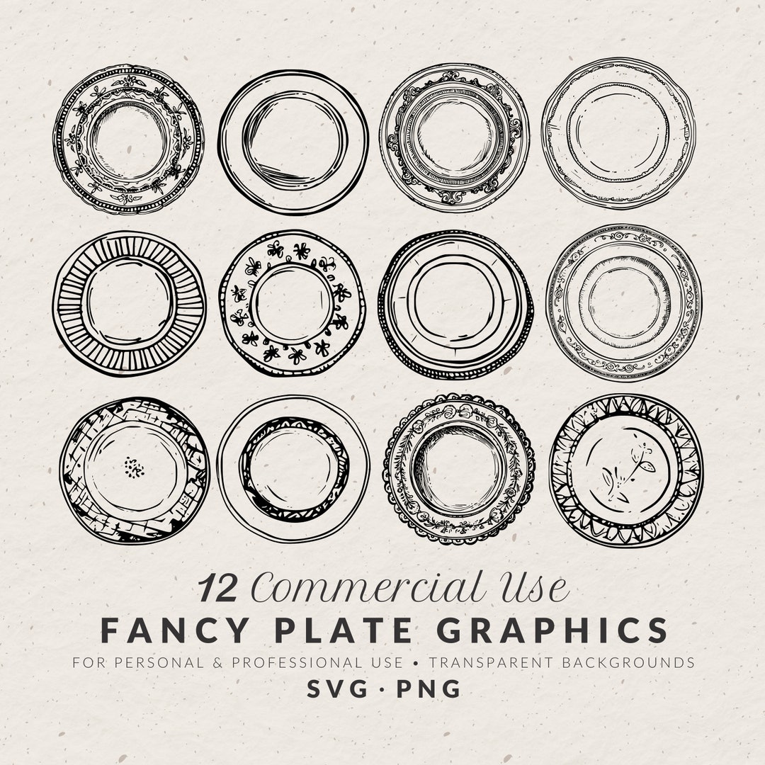 Hand Drawn Fancy Plate Illustration Bundle SVG PNG, Vintage Fine China ...