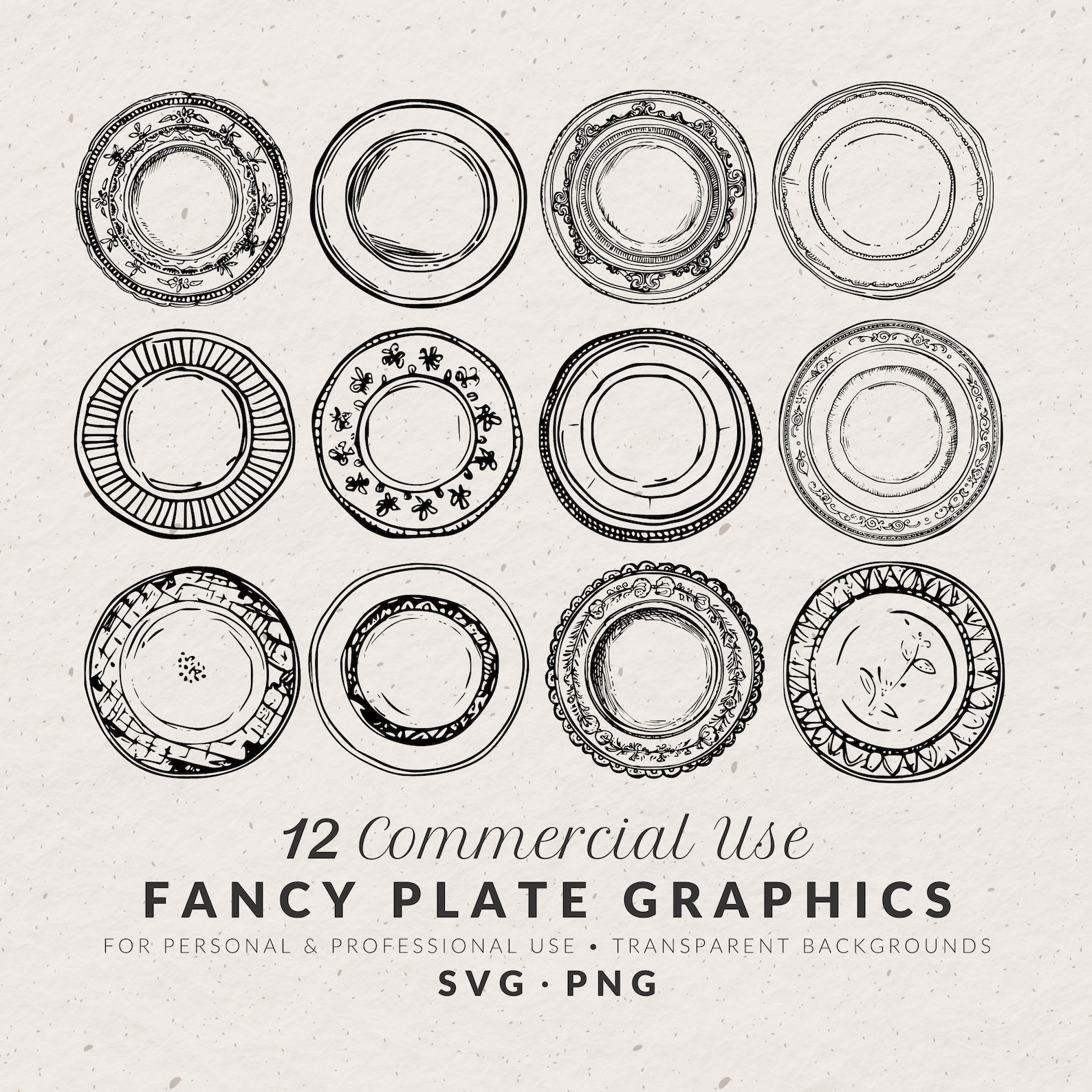 Hand Drawn Fancy Plate Illustration Bundle SVG PNG, Vintage Fine China ...