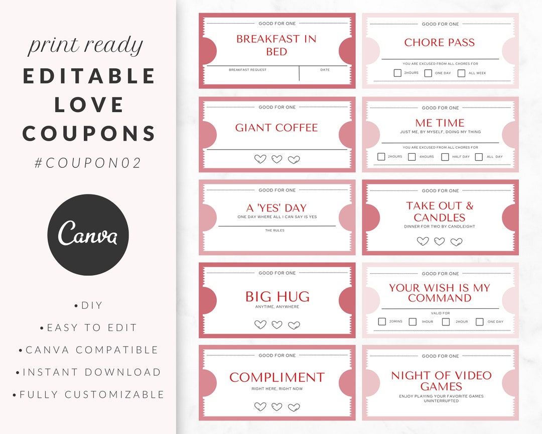 Printable Romantic Valentines Day Coupons, Custom Valentines Day Coupon ...