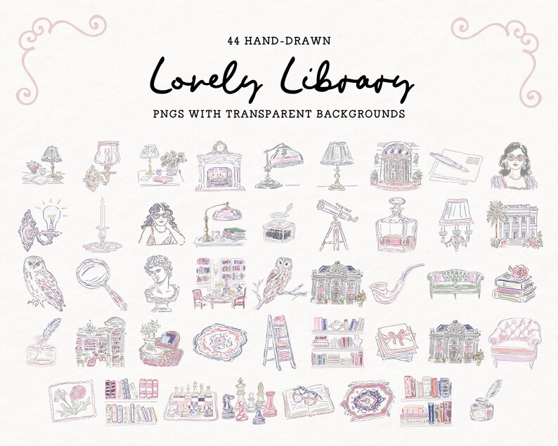 Library Clipart, Hand Drawn Book Lover and Light Academia Illustrations ...