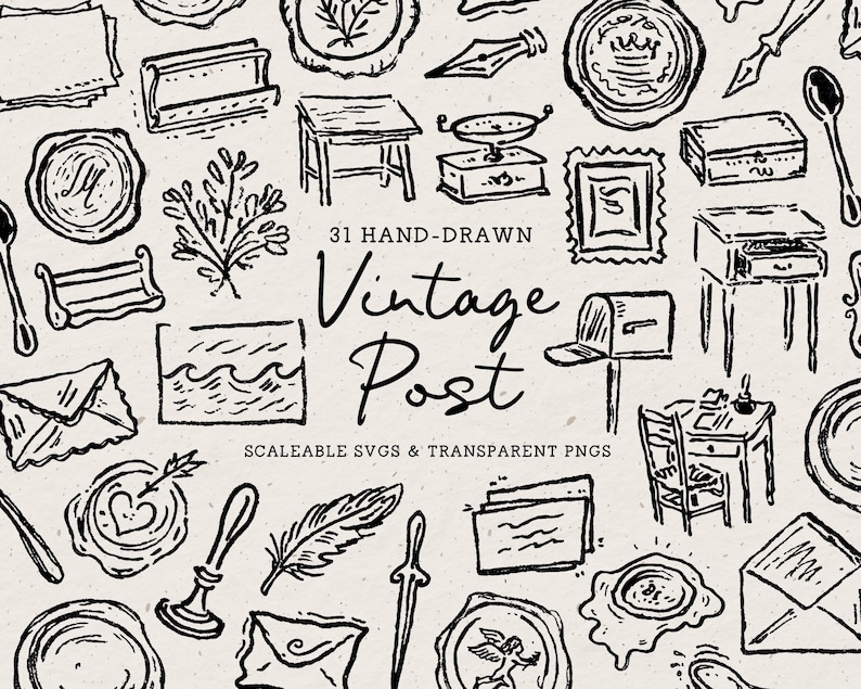 Hand Drawn Post Office Doodle Bundle, Whimsical Line Art Illustrations ...