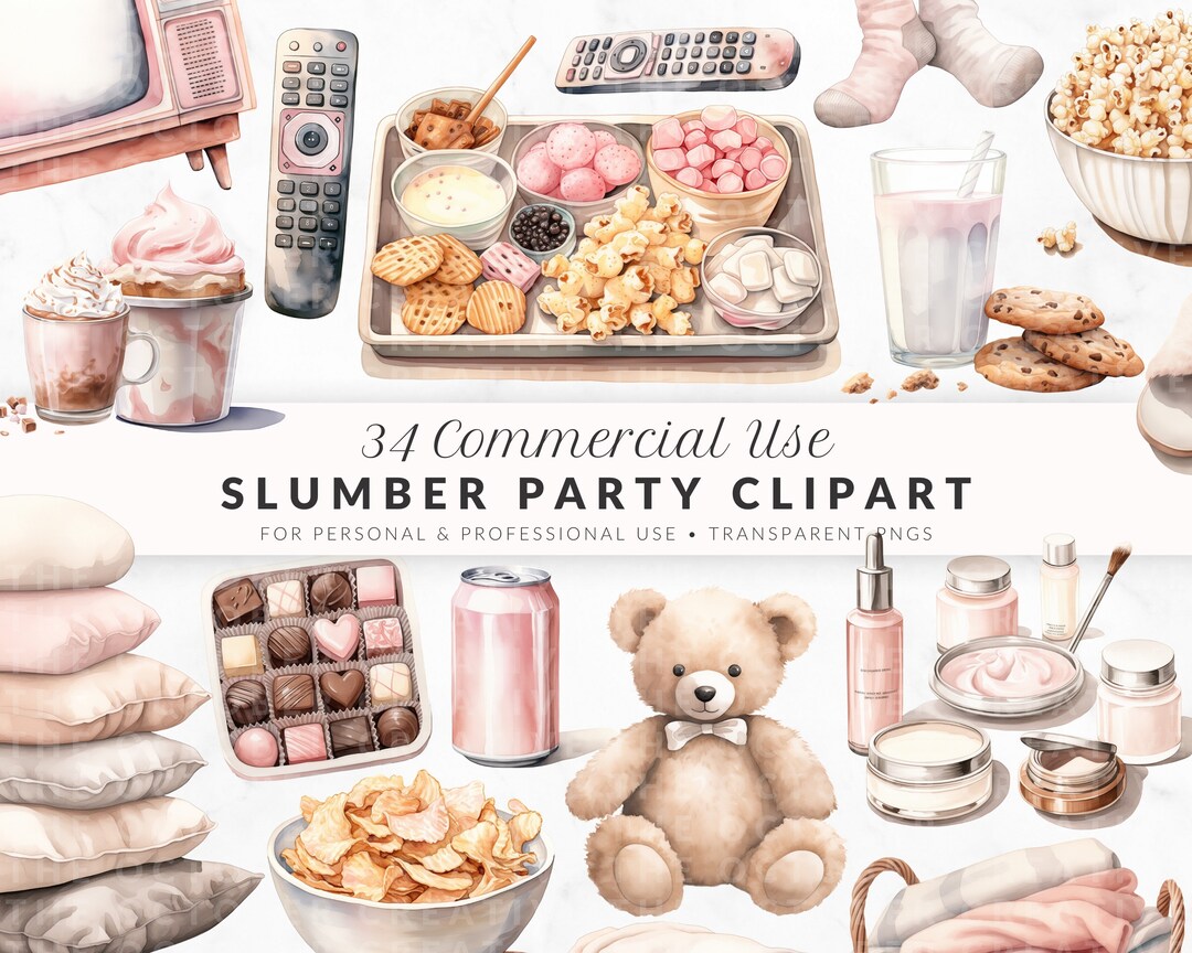 Watercolor Slumber Party Clip Art, PNG, Sleepover Clip Art, Movie Night ...