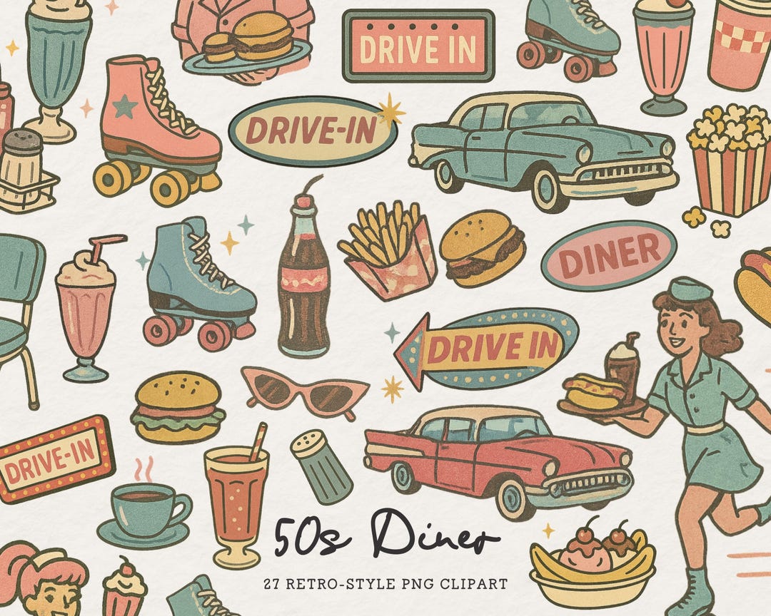 50s Diner Retro Clipart Bundle, 1950s Graphics for Party Invitations ...