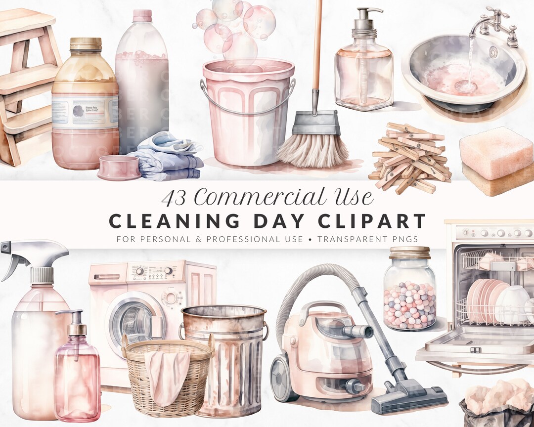 Watercolor Cleaning Supplies Clip Art PNG, Spring Cleaning Clip Art ...