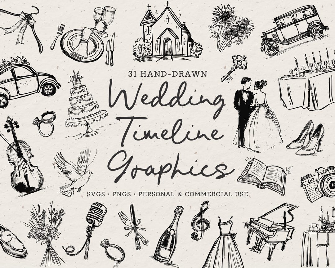 Hand Drawn Wedding Timeline Icons Bundle SVG PNG, Wedding Day Reception ...
