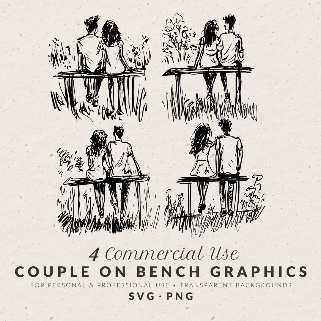 Hand Drawn Couple on Bench Illustration Bundle SVG PNG, Vintage Doodles ...