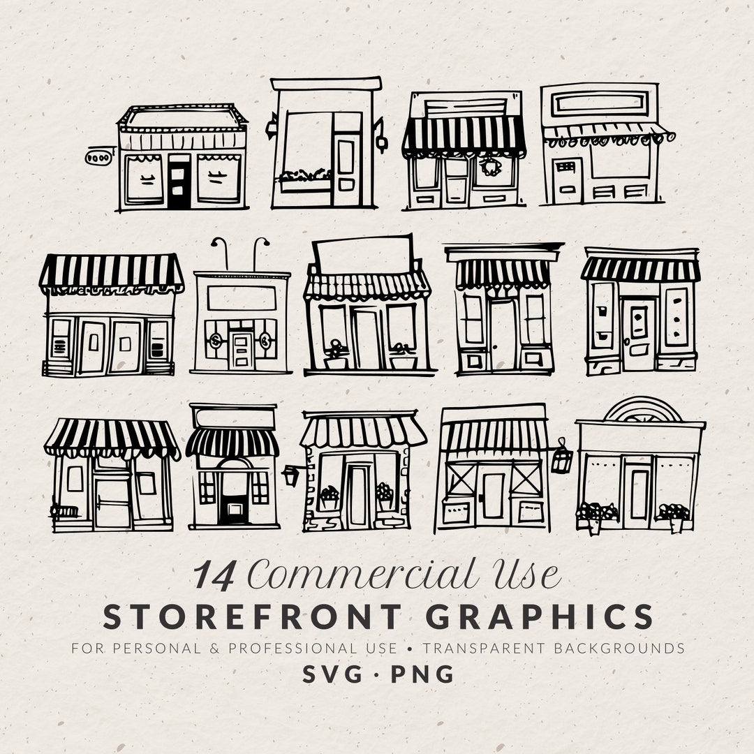 Hand Drawn Storefront Illustration Bundle SVG PNG, Vintage Shoppe ...