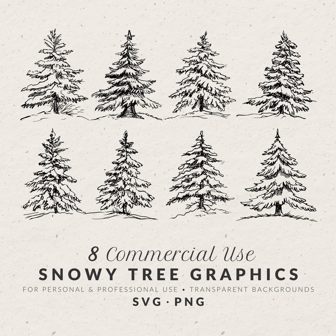 Hand Drawn Vintage Snowy Trees Illustrations SVG PNG, Winter Holiday ...