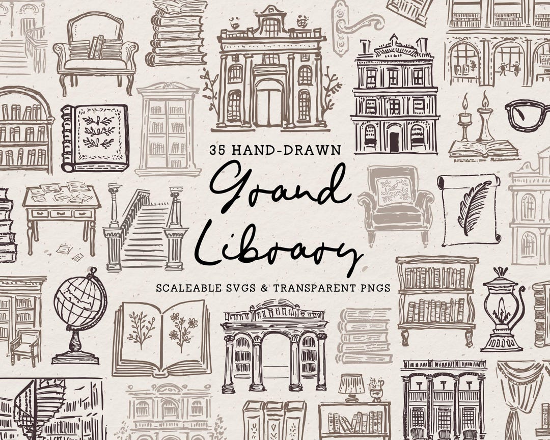Old Library Clipart, Hand Drawn Doodle Illustration Bundle, Whimsical ...
