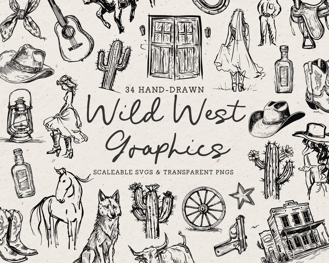 Hand Drawn Wild West Illustration Bundle SVG PNG, Cowgirl Clip Art ...