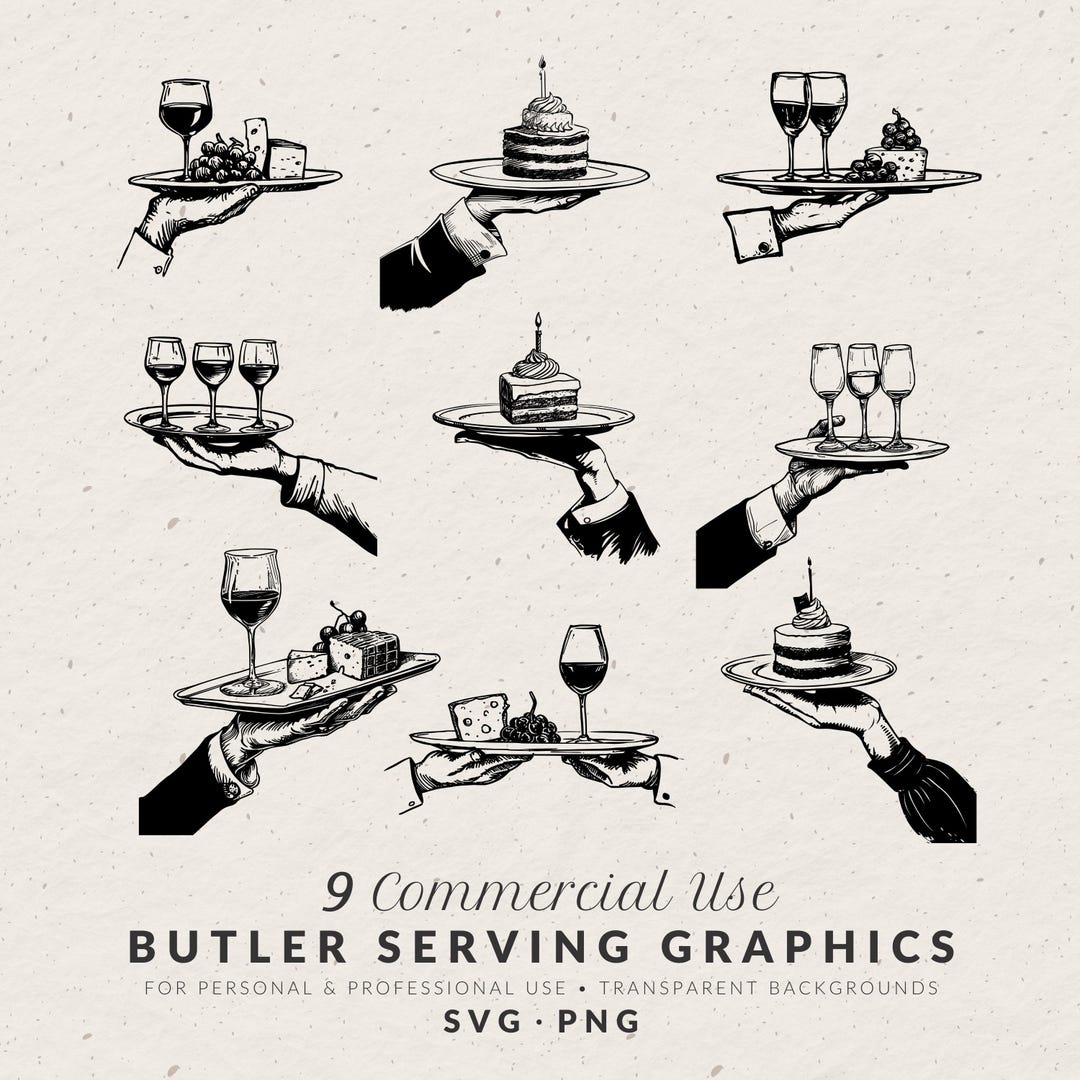 Hand Drawn Butler Serving Tray Illustrations, Whimsical Wedding Doodle ...